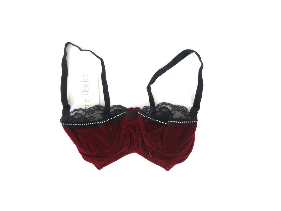Vintage Dark Red Velvet Bra With Rhinestones 90s Lingerie Bra Top Tag ...