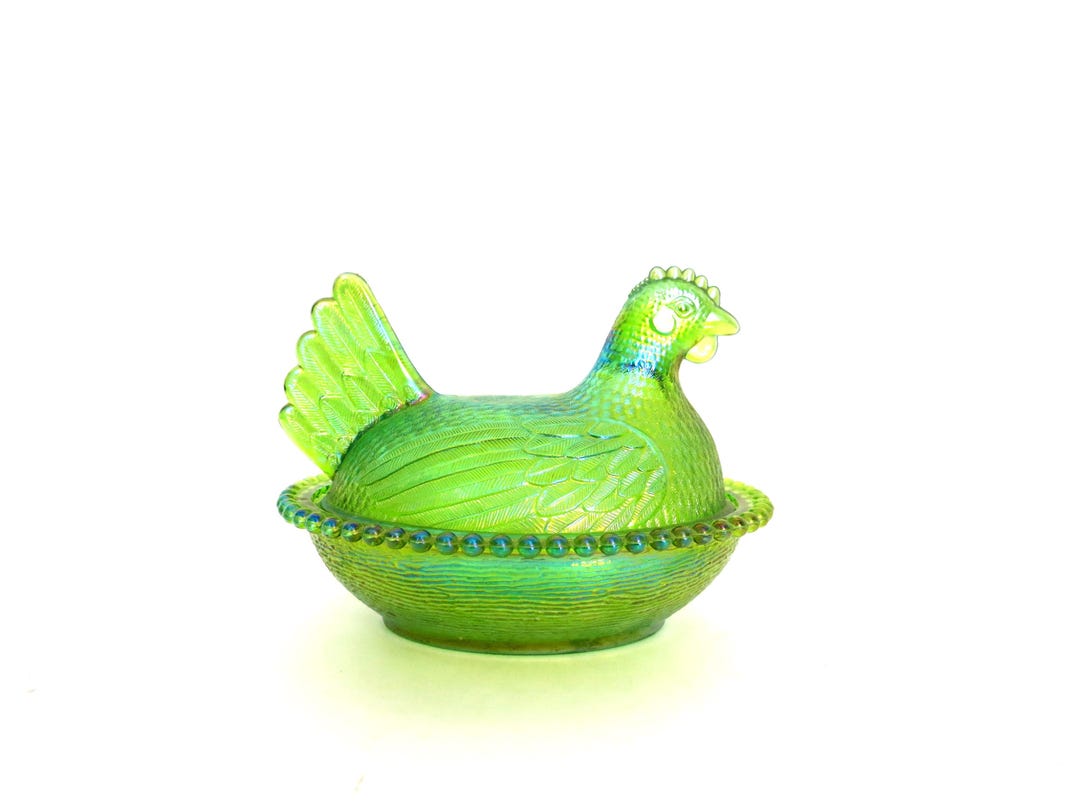 Vintage Hen on a Nest Covered Dish Iridescent Green Glass Chicken Home ...