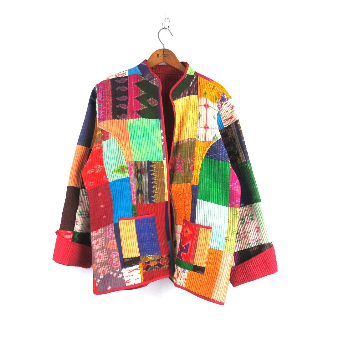 Boho Jacket Floral Patchwork Print Jacket Quilted Silk Blazer Coat ...