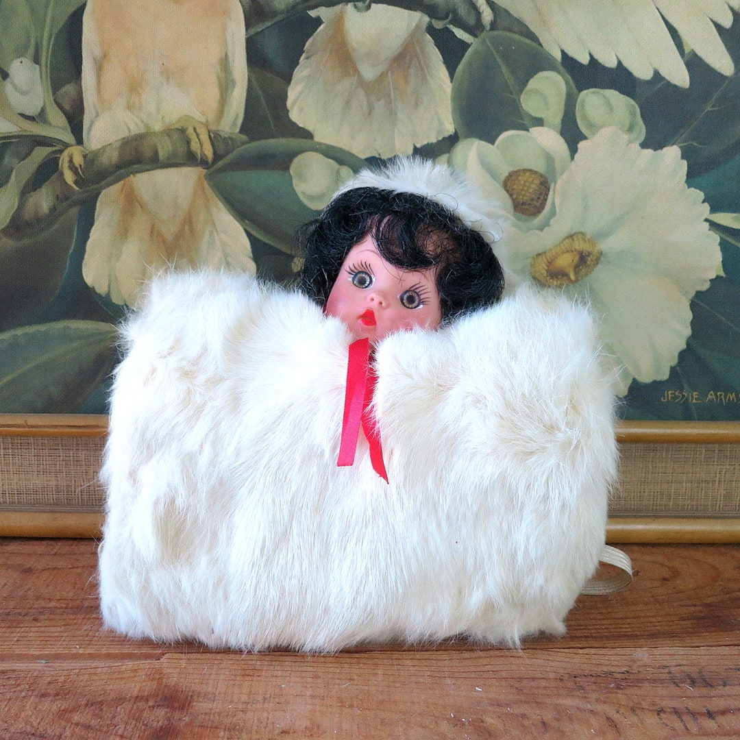 Vintage White Rabbit Fur Winter Muff Doll Head Hand Warmer 1950's Mid ...