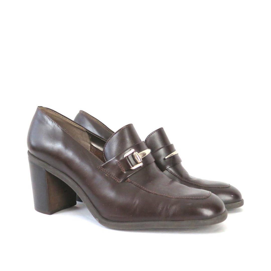 Brown Leather High Heel Loafers Vintage 90s Preppy Office Secretary ...