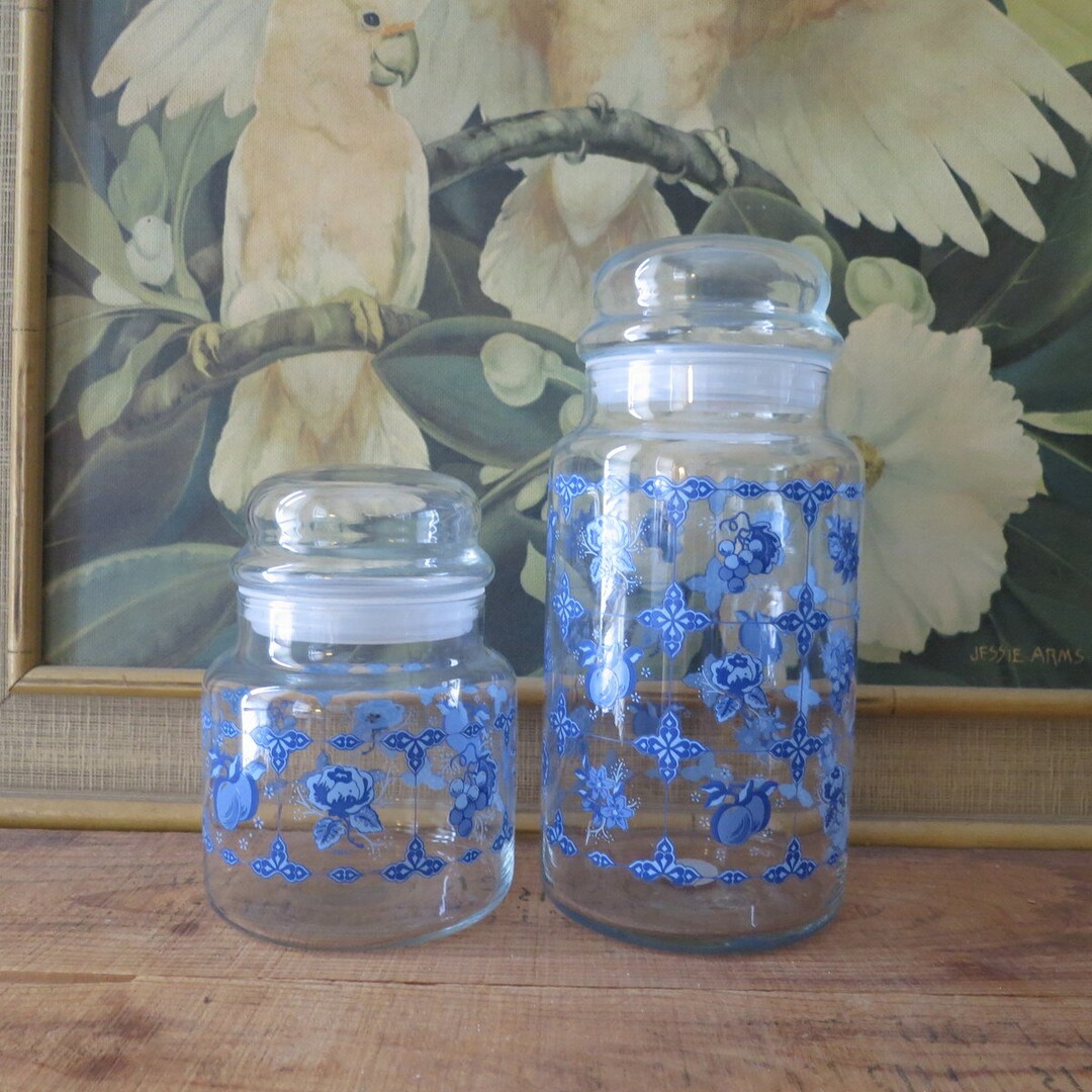 1980s Floral Glass Canisters Jars Pair of Vintage Glass Jars With ...