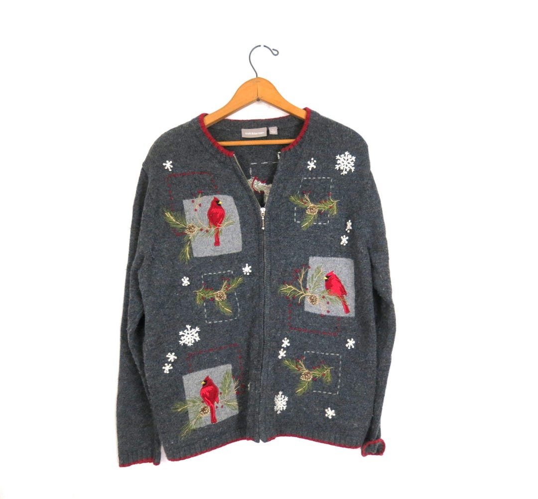 Vintage Embroidered Cardinal Bird Cardigan Sweater - 90s Knit, Size ...