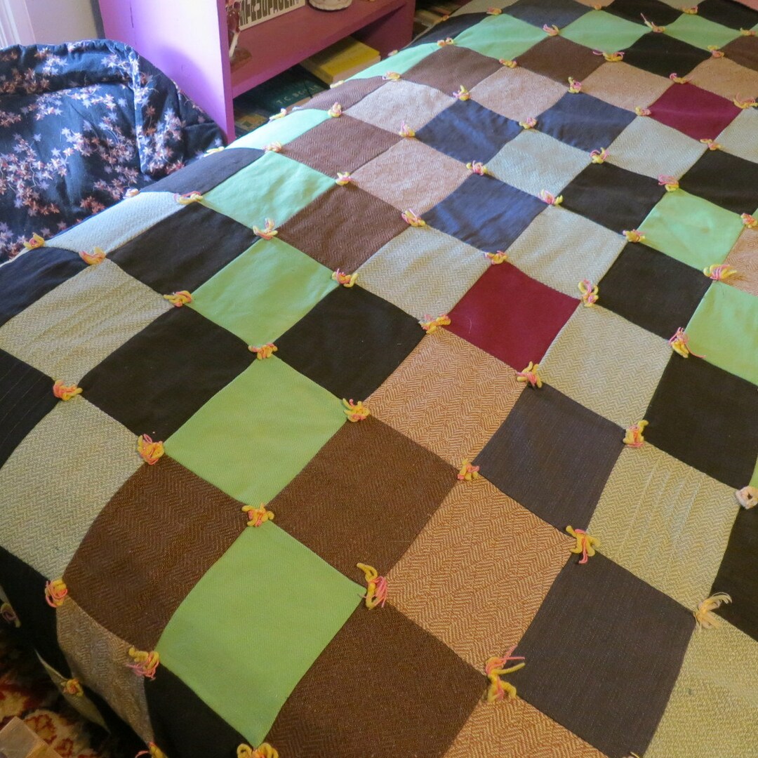 Antique Handmade Cottage Quilt / Men's Wool Suit Fabric Blanket ...