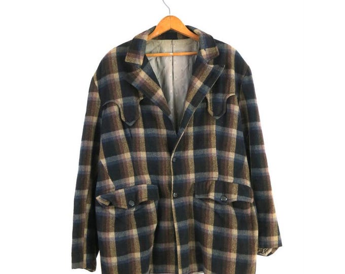 Wool Western Yoke Coat Vintage Blazer Jacket Brown & Black Plaid Cowboy ...