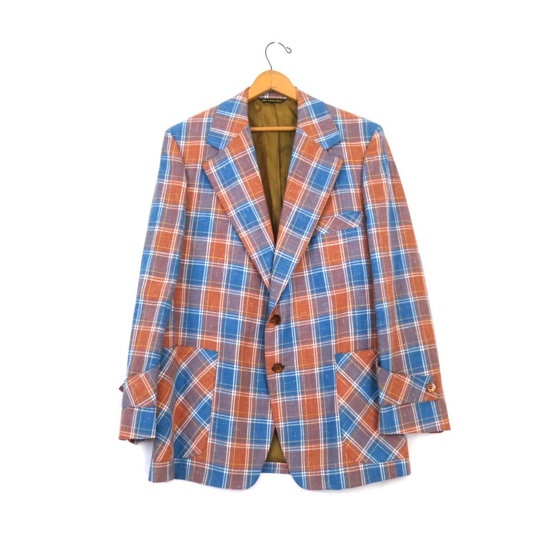 Vintage 1970s Blue & Brown Plaid Men's Suit Jacket Curlee Sport Coat ...