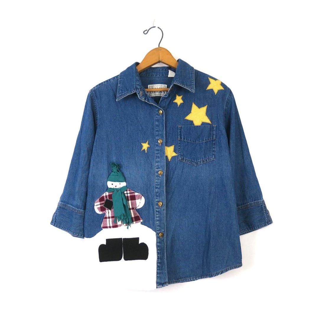 Vintage Christmas Denim Shirt | Snowman Applique, Holiday Party (medium ...