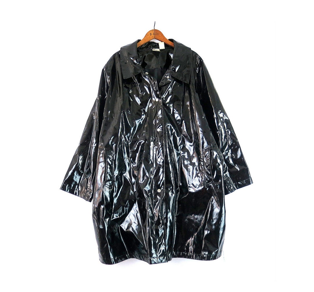 Vintage Black Raincoat Shiny Rain Coat Witchy Glam Rain Jacket Women's ...