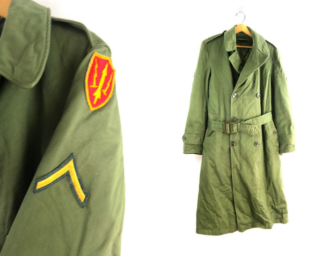 Green Army Trench Coat Military Issue Overcoat With Wool Liner Double ...