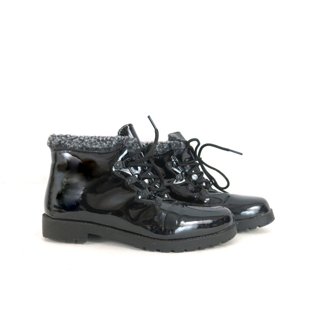 Black Patent Ankle Boots Vintage Sweater Cuff Winter Boots 90s Booties ...