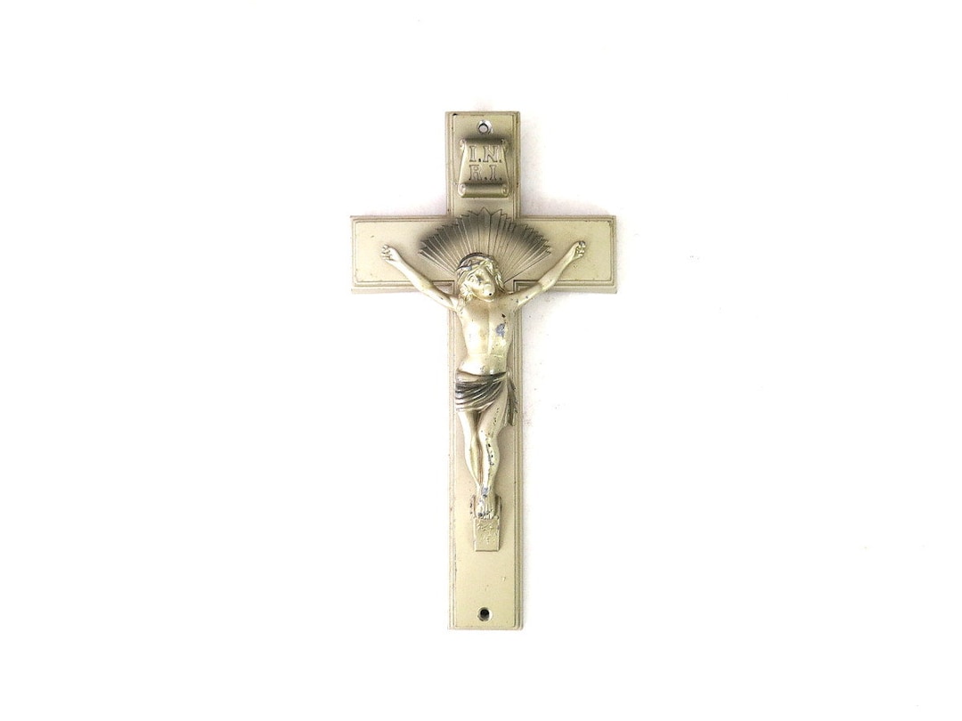 Vintage Crucifix Silver Metal Cross Religious Wall Hanging Alter Decor ...