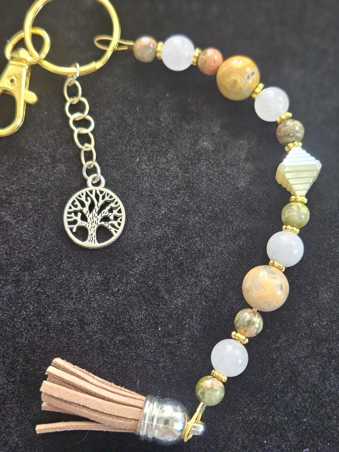 Unakite, White Jade, Crazy Lace Agate, Tree Charm Keychain - Etsy