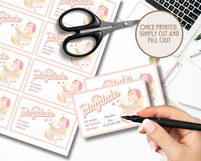 Unicorn Printable Playdate Cards, Rainbow Colorful Girly Calling Cards ...