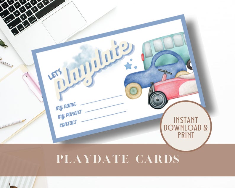 Toy Car Printable Playdate Cards, Blue Playful Calling Cards for Boys ...
