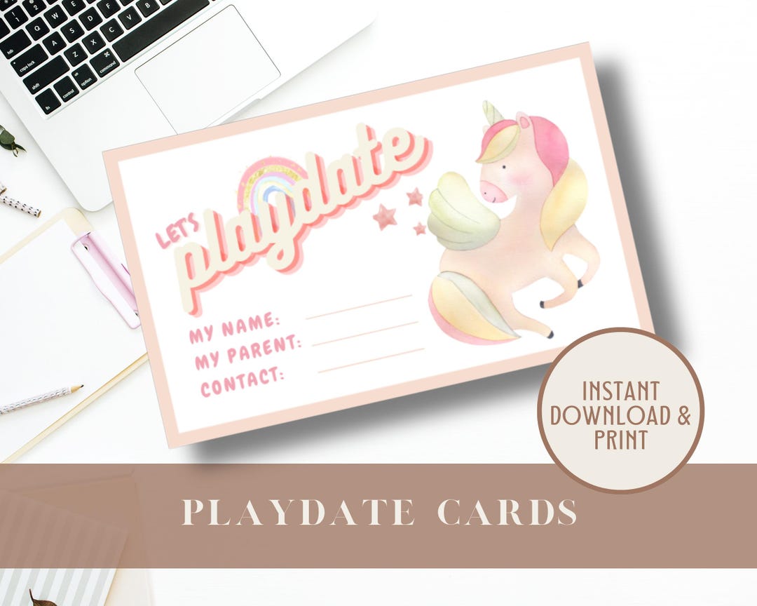 Unicorn Printable Playdate Cards, Rainbow Colorful Girly Calling Cards, End School Term ...