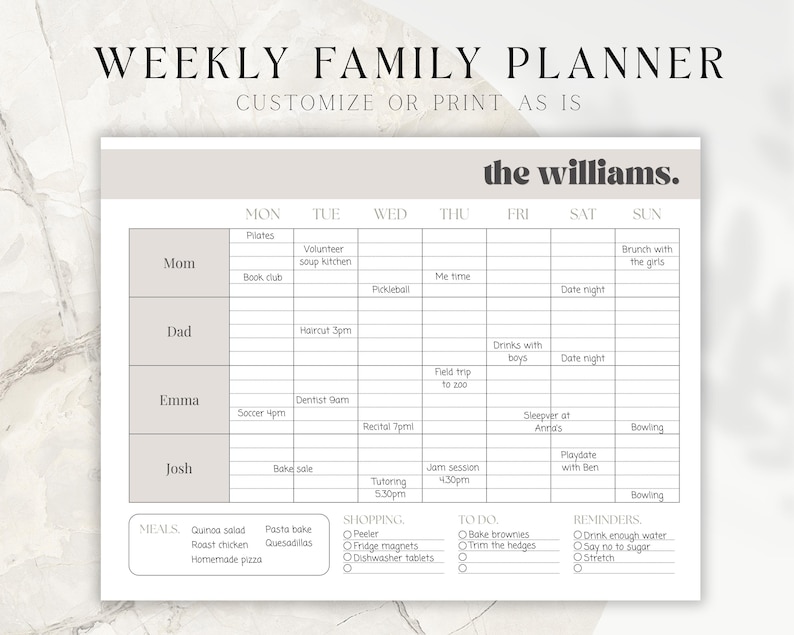 Editable Weekly Family Planner, Printable Household Schedule, Landscape ...