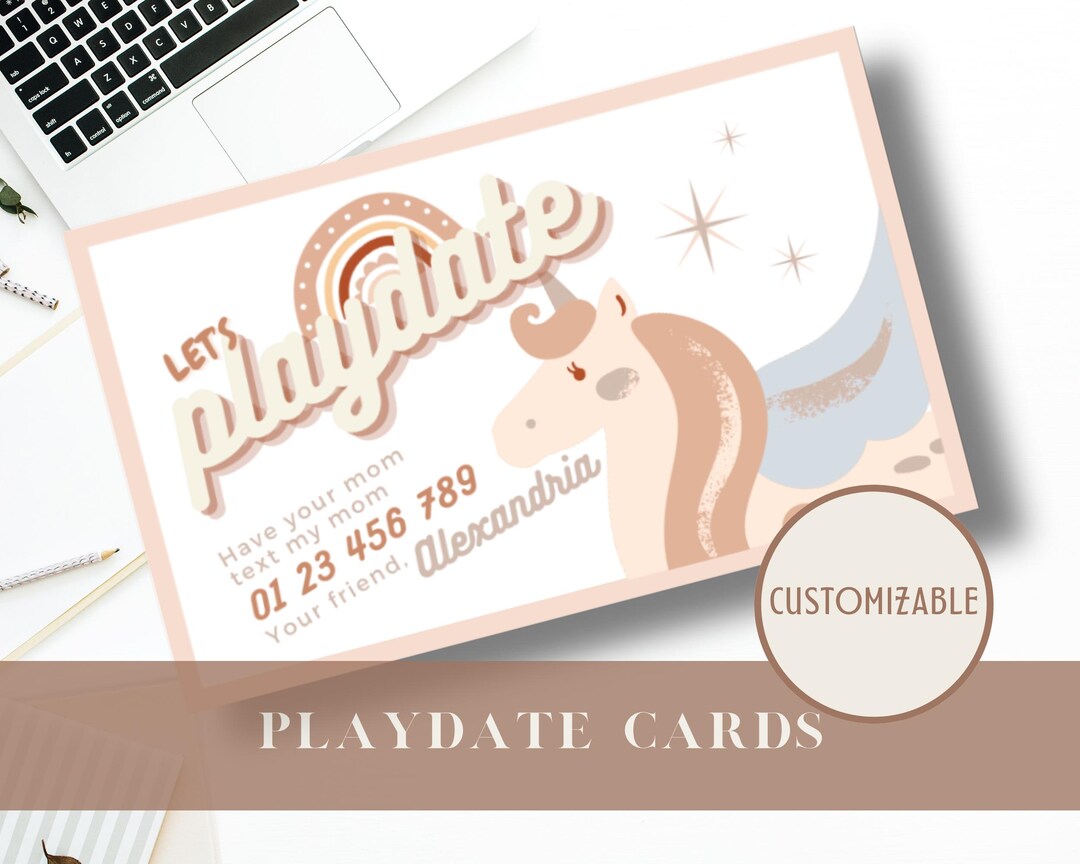 Editable Unicorn Playdate Cards, Retro Rainbow Calling Cards, End ...