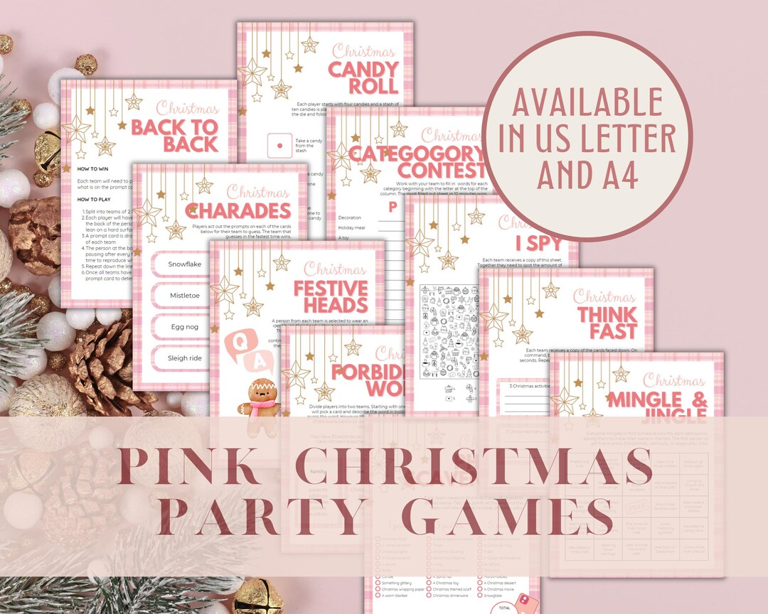 Festive Pink Christmas Printable Party Games: Charades, Bingo ...