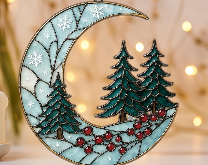 Moon and Pine Trees Acrylic Suncatcher Ornament, Christmas Tree Window ...