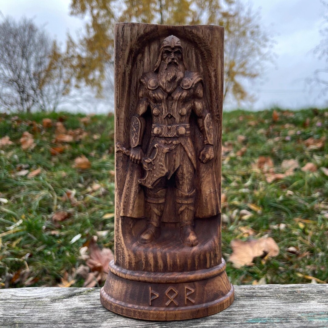 Wooden Thor Statue – Norse God of Thunder Figurine, Viking Pagan Altar ...