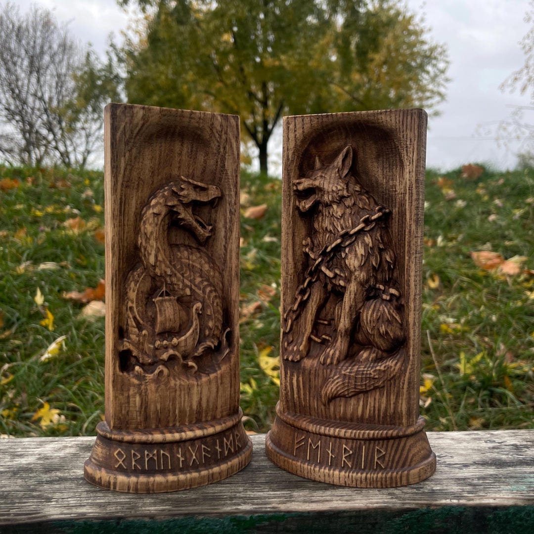 Fenrir & Jormungandr Wooden Statue Set – Norse Pagan Gods Figurines ...