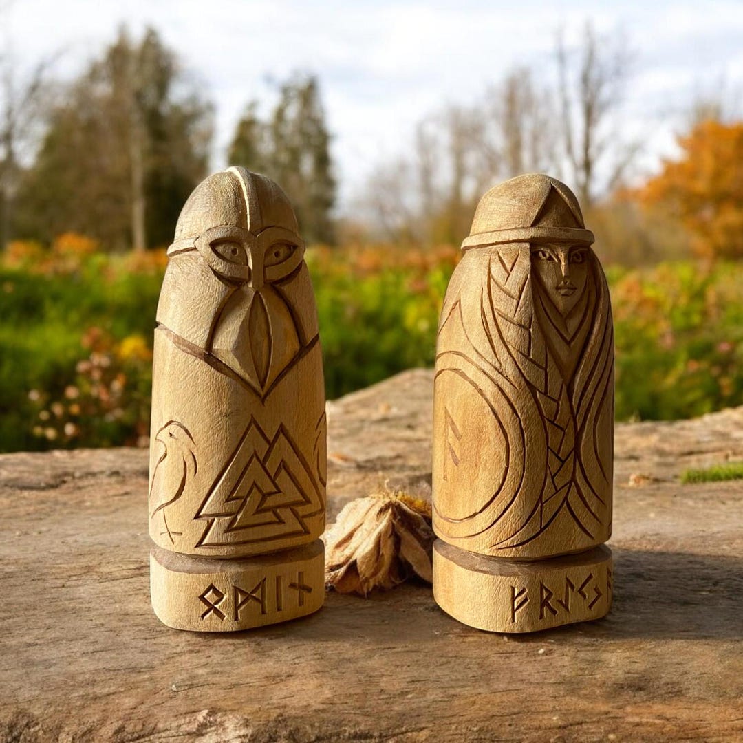 Wooden Norse Gods Statue - ODIN & FREYJA. Heathen Pagan God. Handmade ...