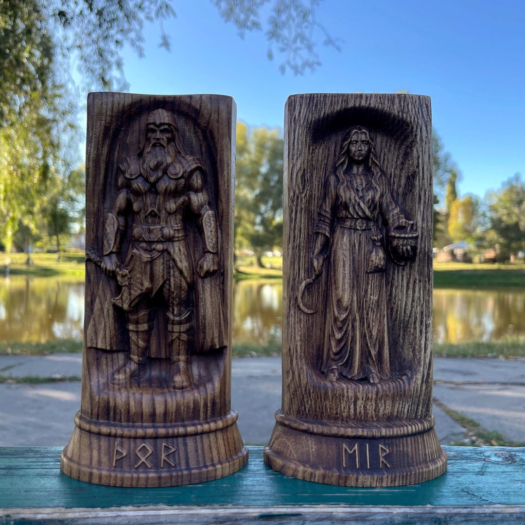 Wooden Thor and Eir Statues - Norse Gods Altar Decor - Etsy