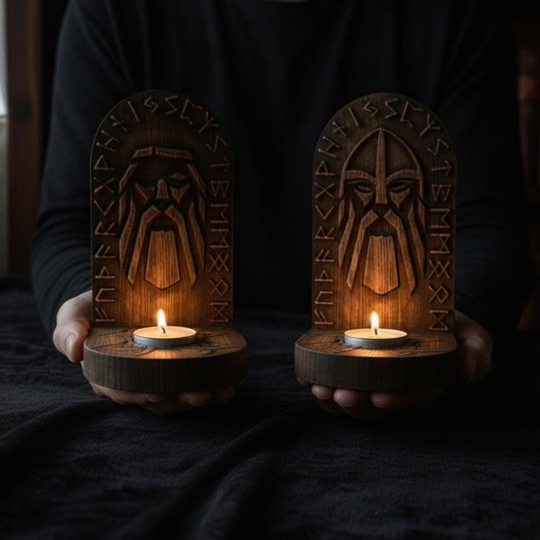 Norse Gods Odin and Thor Altar – Handcrafted Wooden Candle Holders ...