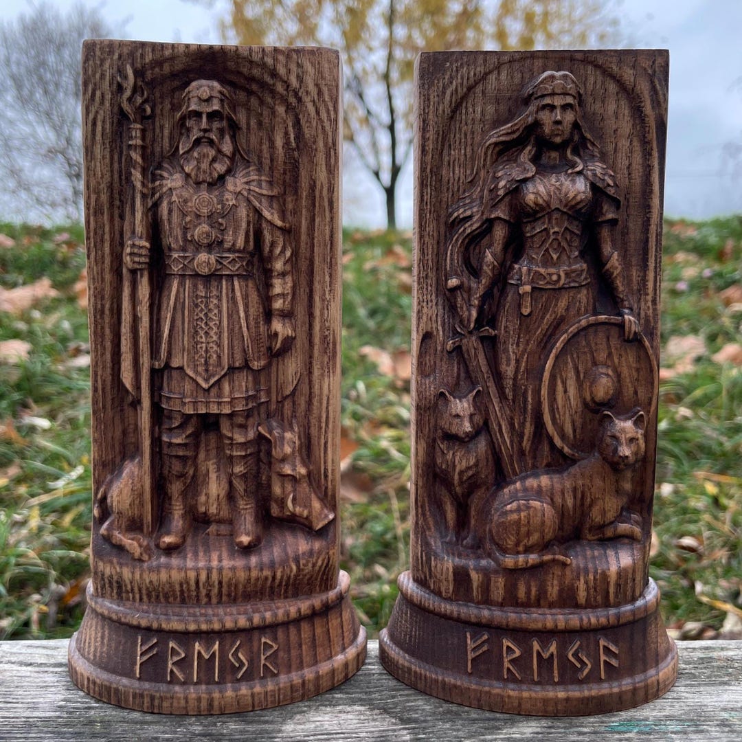 Freya & Freyr Wooden Statue Set – Norse Pagan Gods, Viking Altar ...