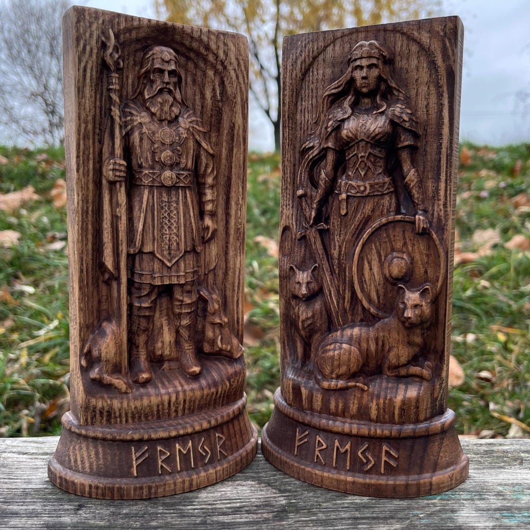 Freya & Freyr Wooden Statue Set – Norse Pagan Decor - Etsy