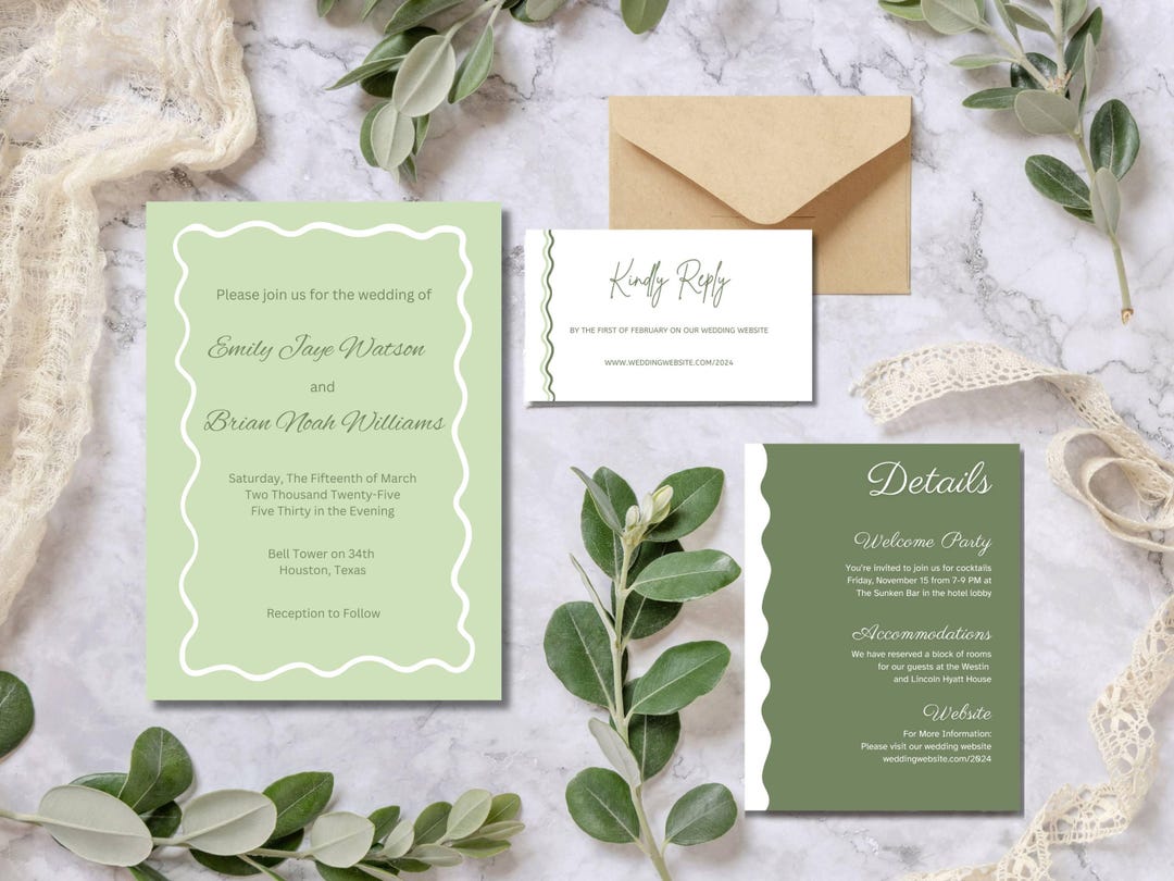 Wavy Wedding Invitation Bundle | Curvy Border Invite | Whimsical ...