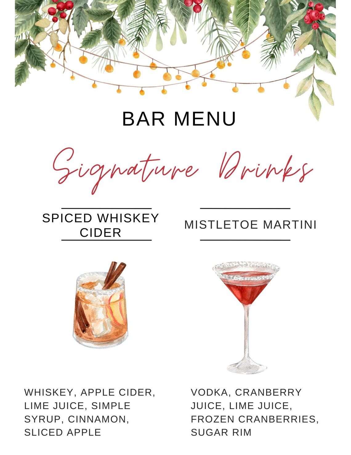Holiday Cocktail Menu - Etsy