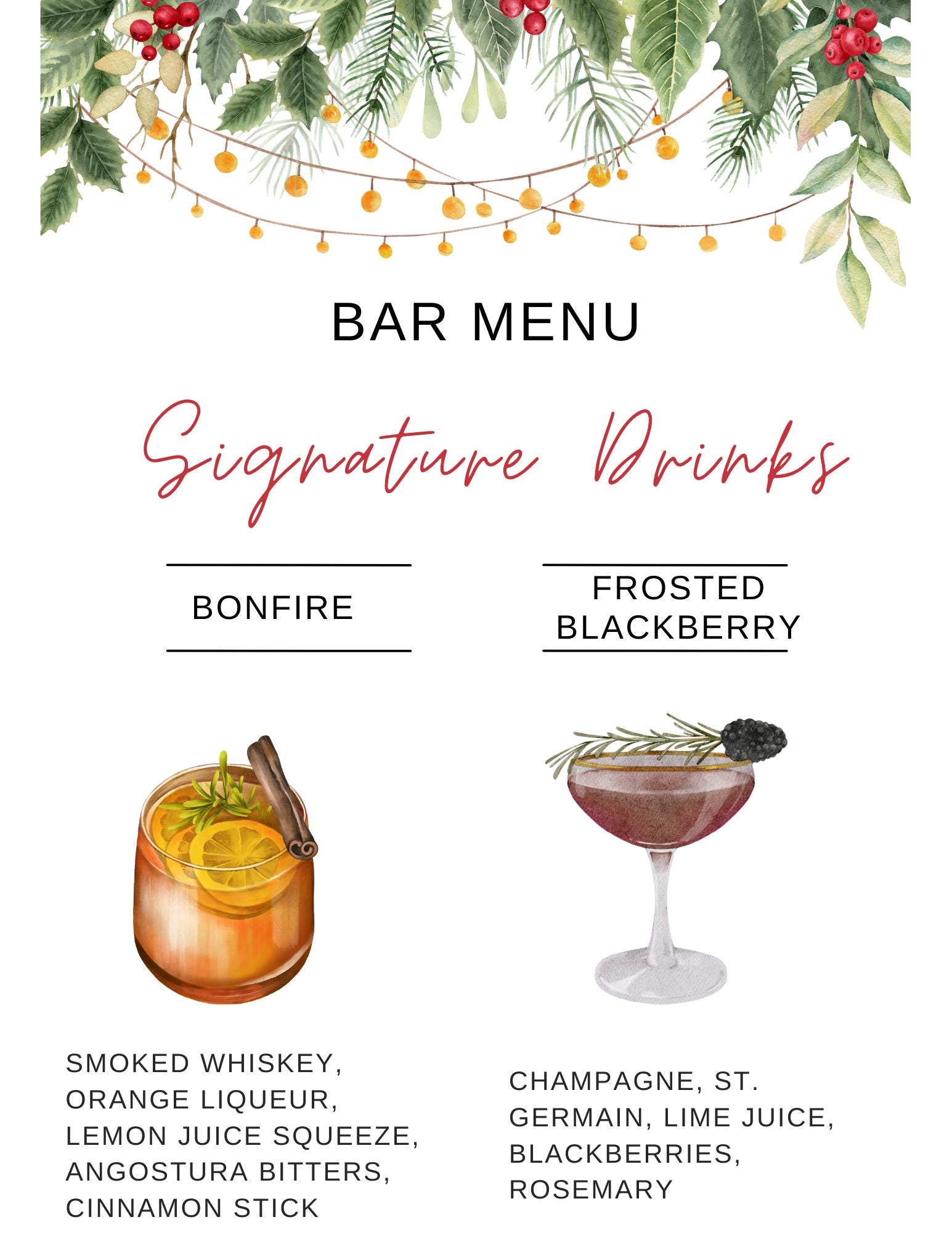 Holiday Cocktail Menu - Etsy