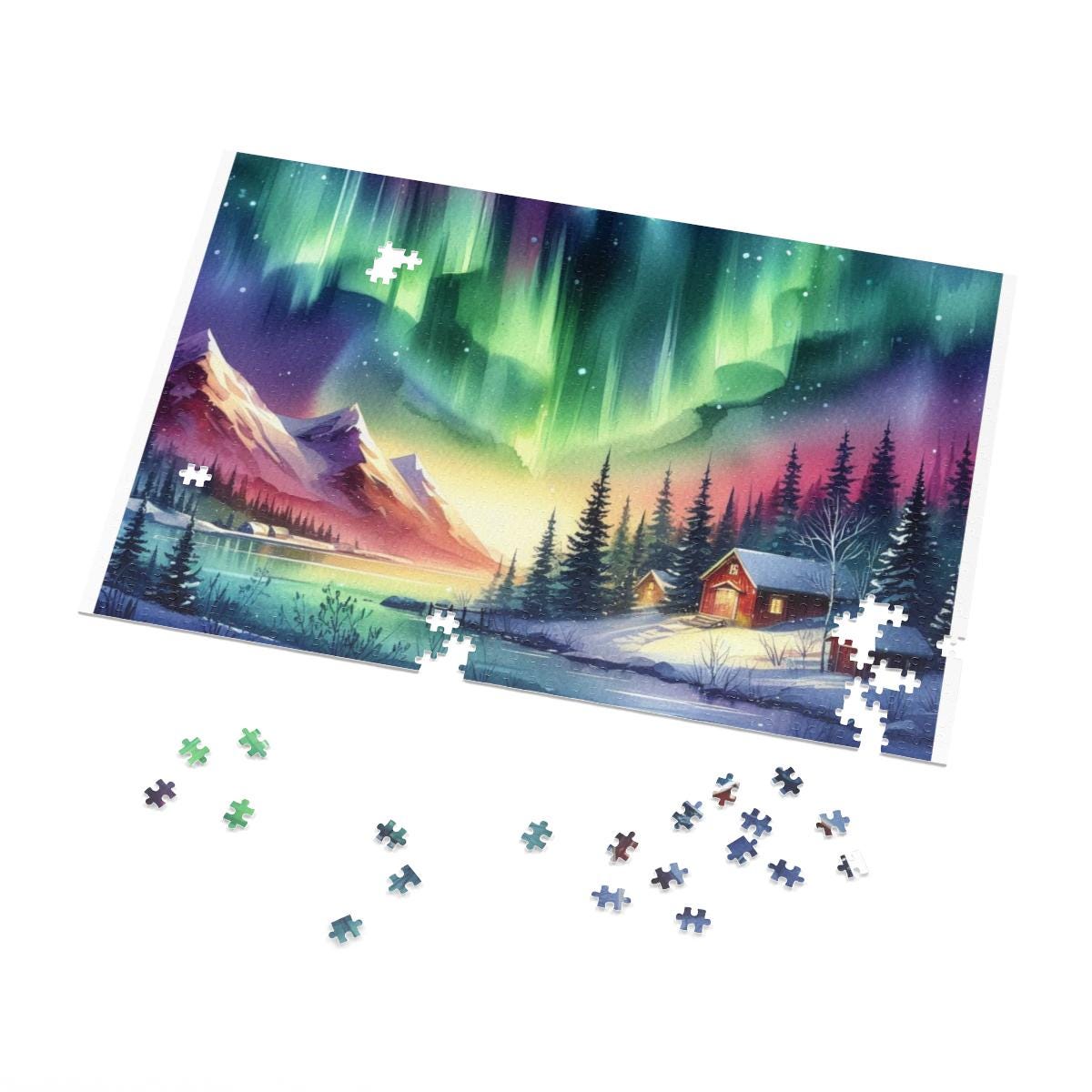 Northern Lights Aurora Borealis Dancing Lights Watercolor Style Jigsaw ...