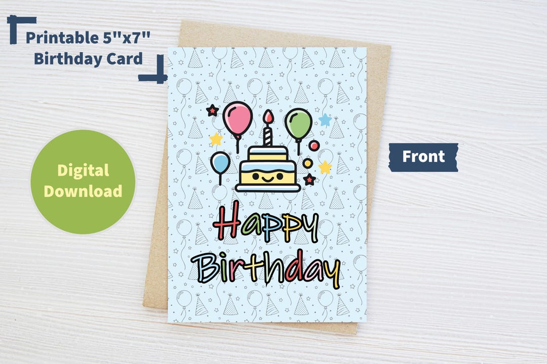 Smiley Cake Happy Birthday Card, Colorful Printable (PDF) - Etsy