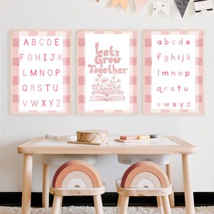 Kids Alphabet Chart Pink Wall Art, Set of 3 Educational Reading ...
