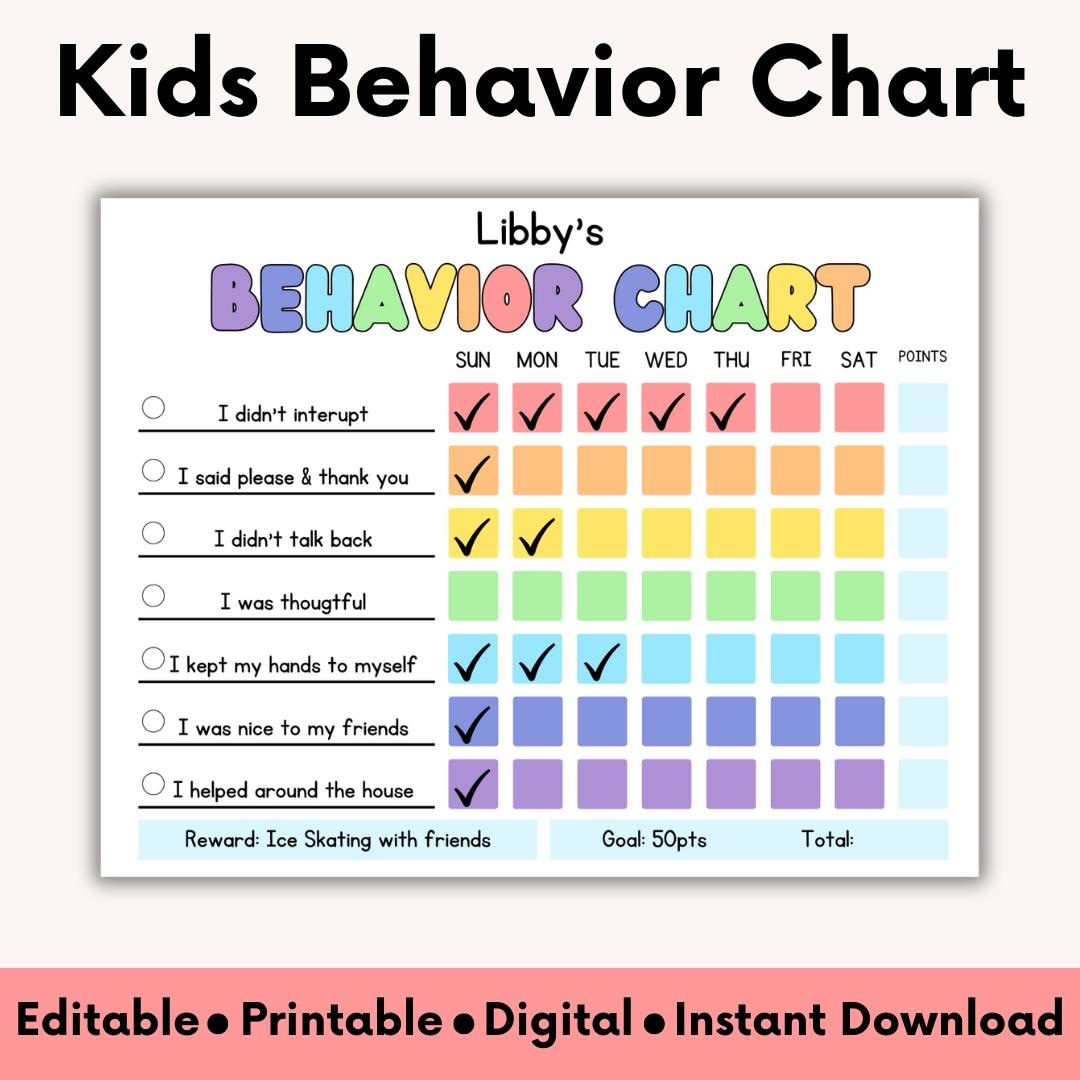 Kid’s Behavior Chart, Behavior Reward Chart for Kids, Printable ...