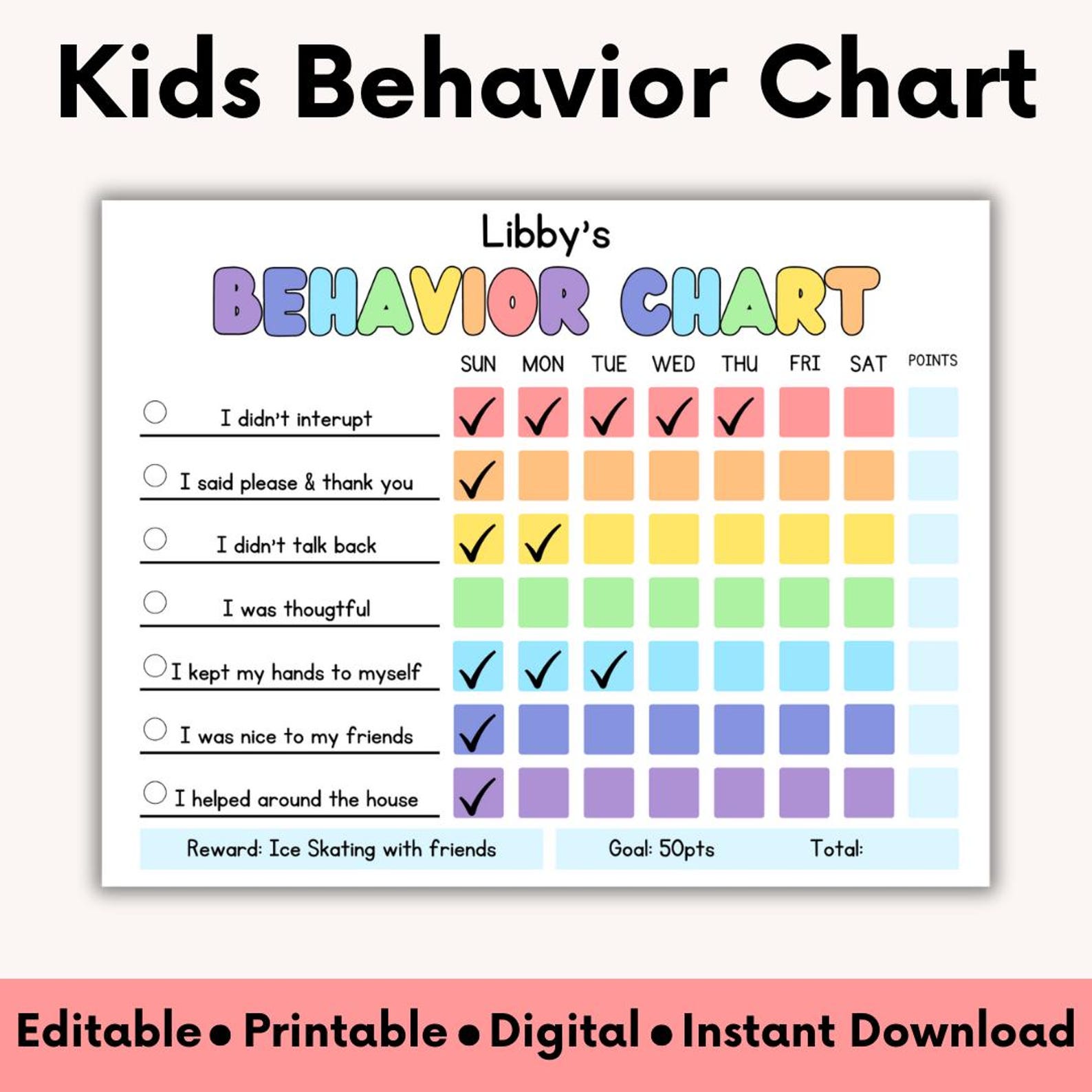 Kid’s Behavior Chart, Behavior Reward Chart for Kids, Printable ...