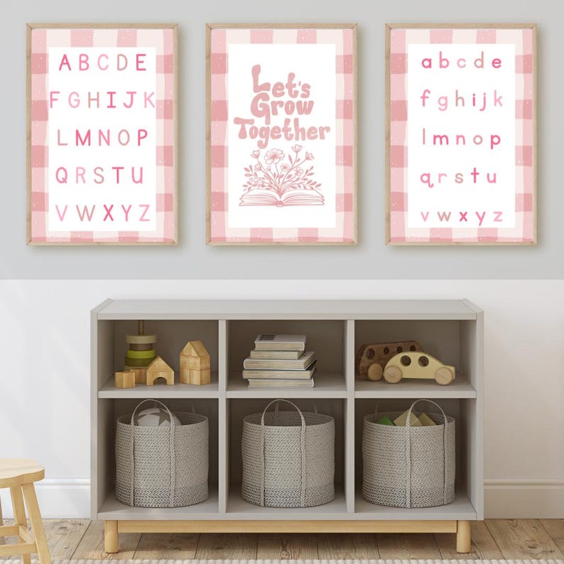 Kids Alphabet Chart Pink Wall Art, Set of 3 Educational Reading ...