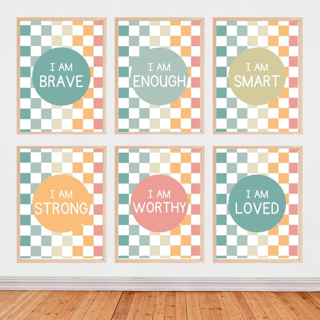 Kids I Am Affirmation Wall Art Set, 10 Retro Checkered Posters for Kids ...