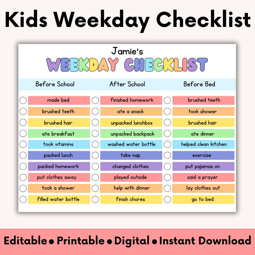 Daily Checklist for Kids | Printable Chore Chart | Track Before School ...