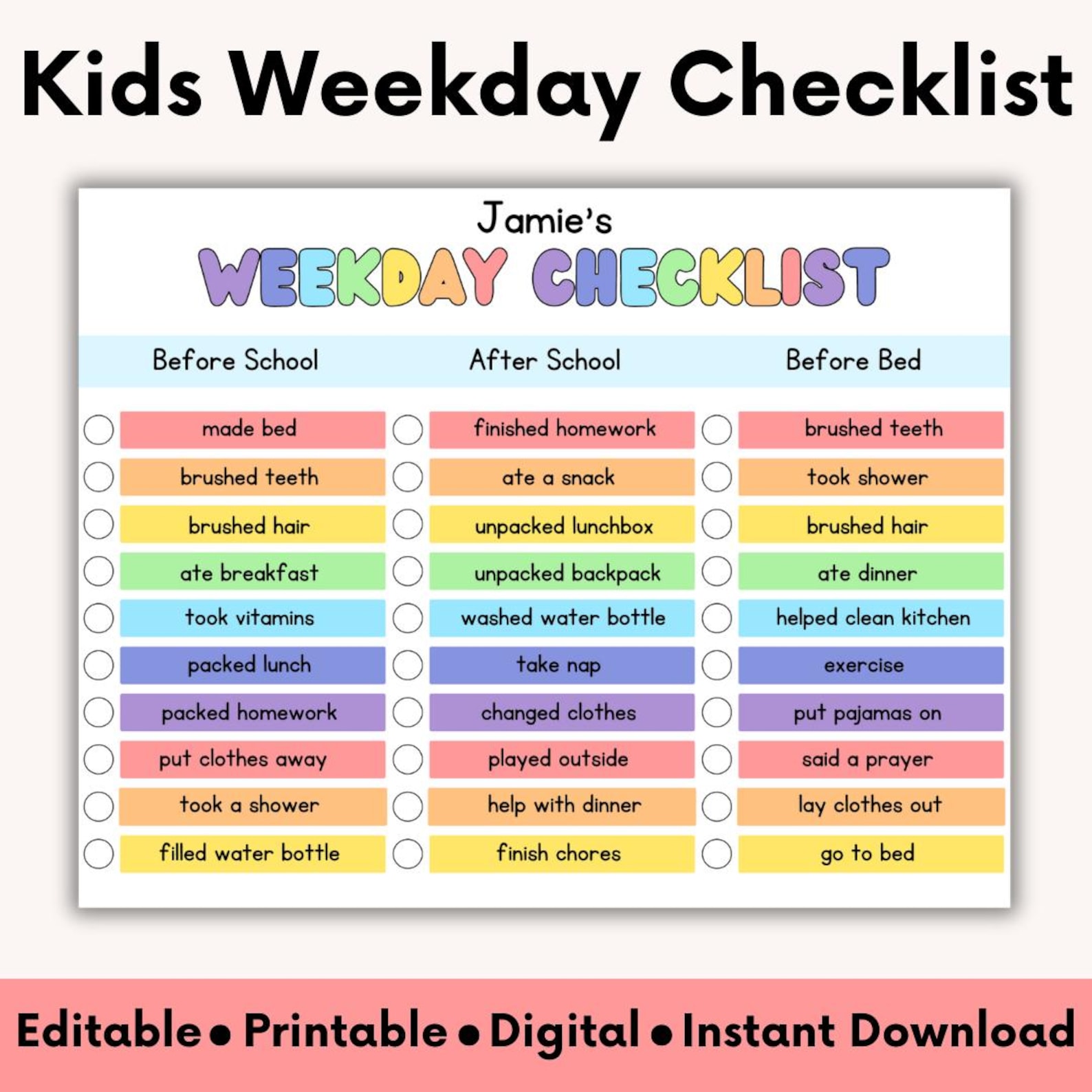 Daily Checklist for Kids | Printable Chore Chart | Track Before School ...