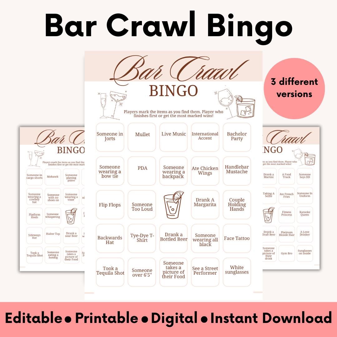 Printable Bar Crawl Bingo Drinking Game-bachelorette & Bachelor Parties ...