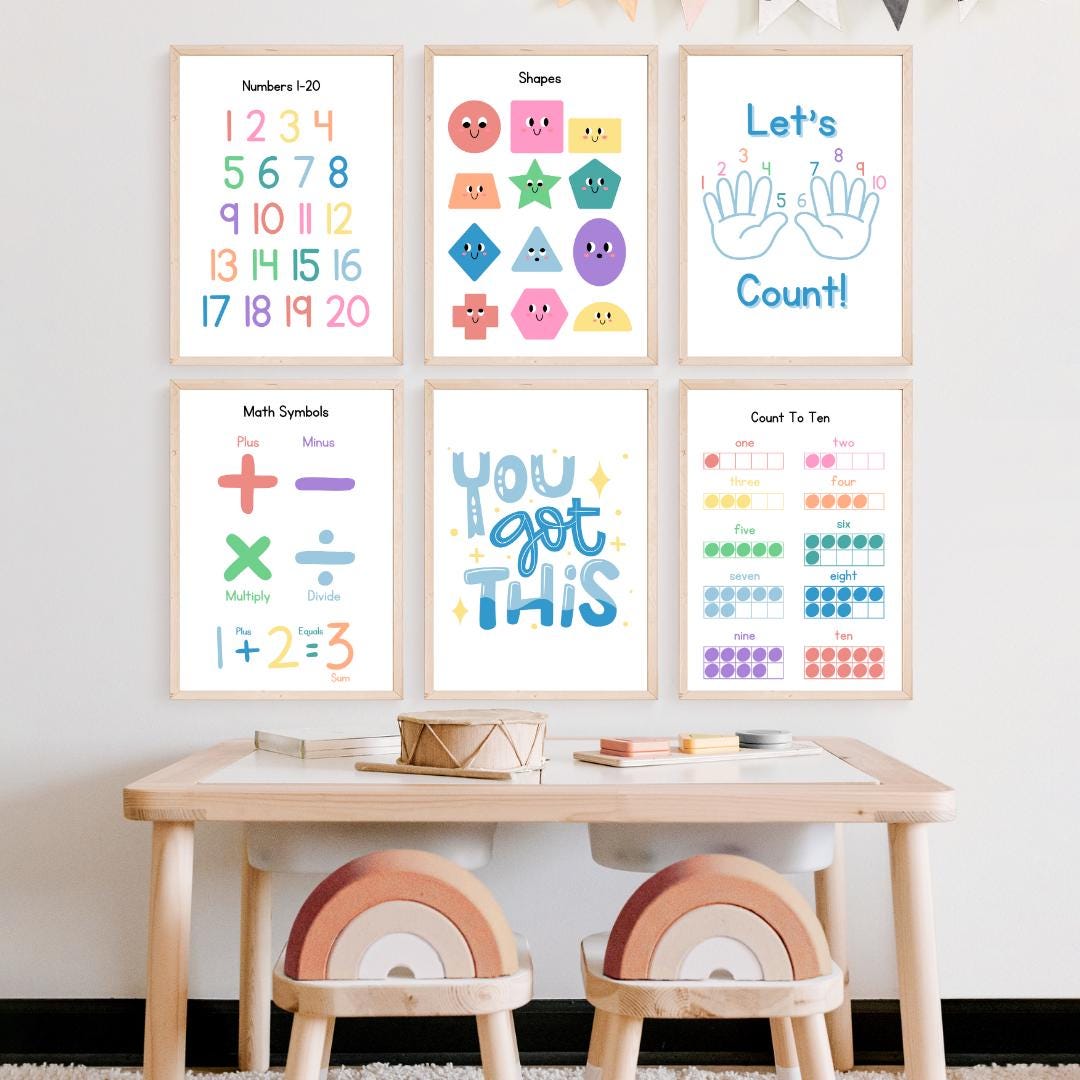 Kids Educational Numbers & Counting Posters, 6 Printable Wall Art ...