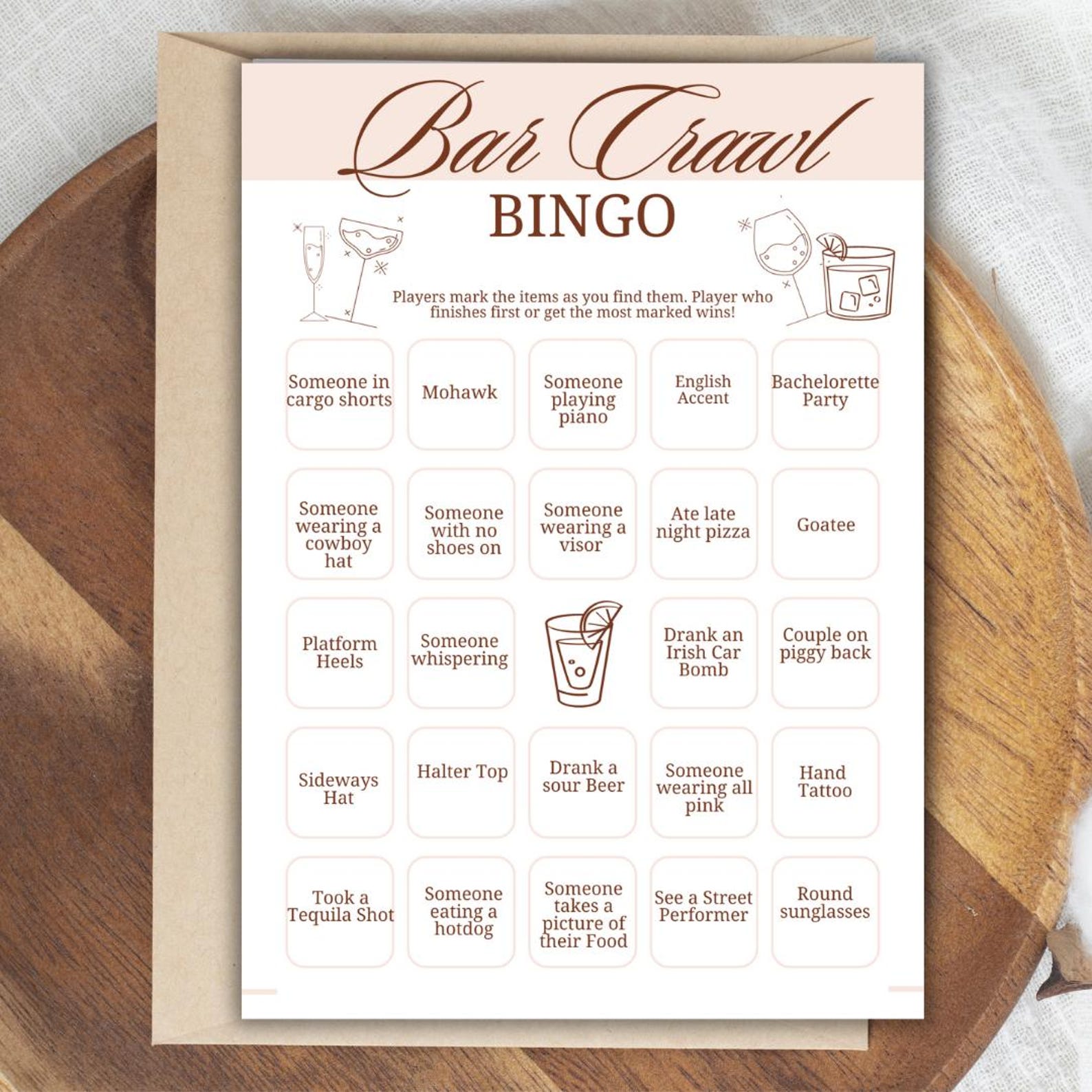 Printable Bar Crawl Bingo Drinking Game-bachelorette & Bachelor Parties ...