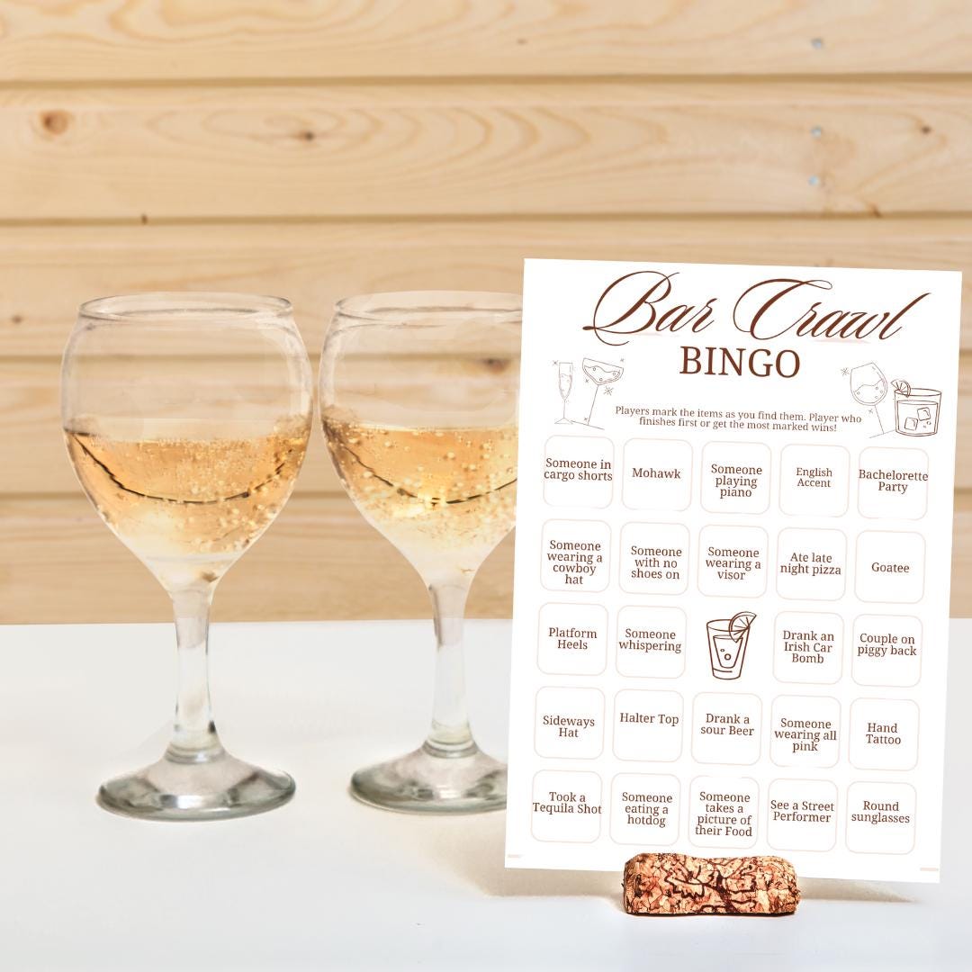 Printable Bar Crawl Bingo Drinking Game-bachelorette & Bachelor Parties ...