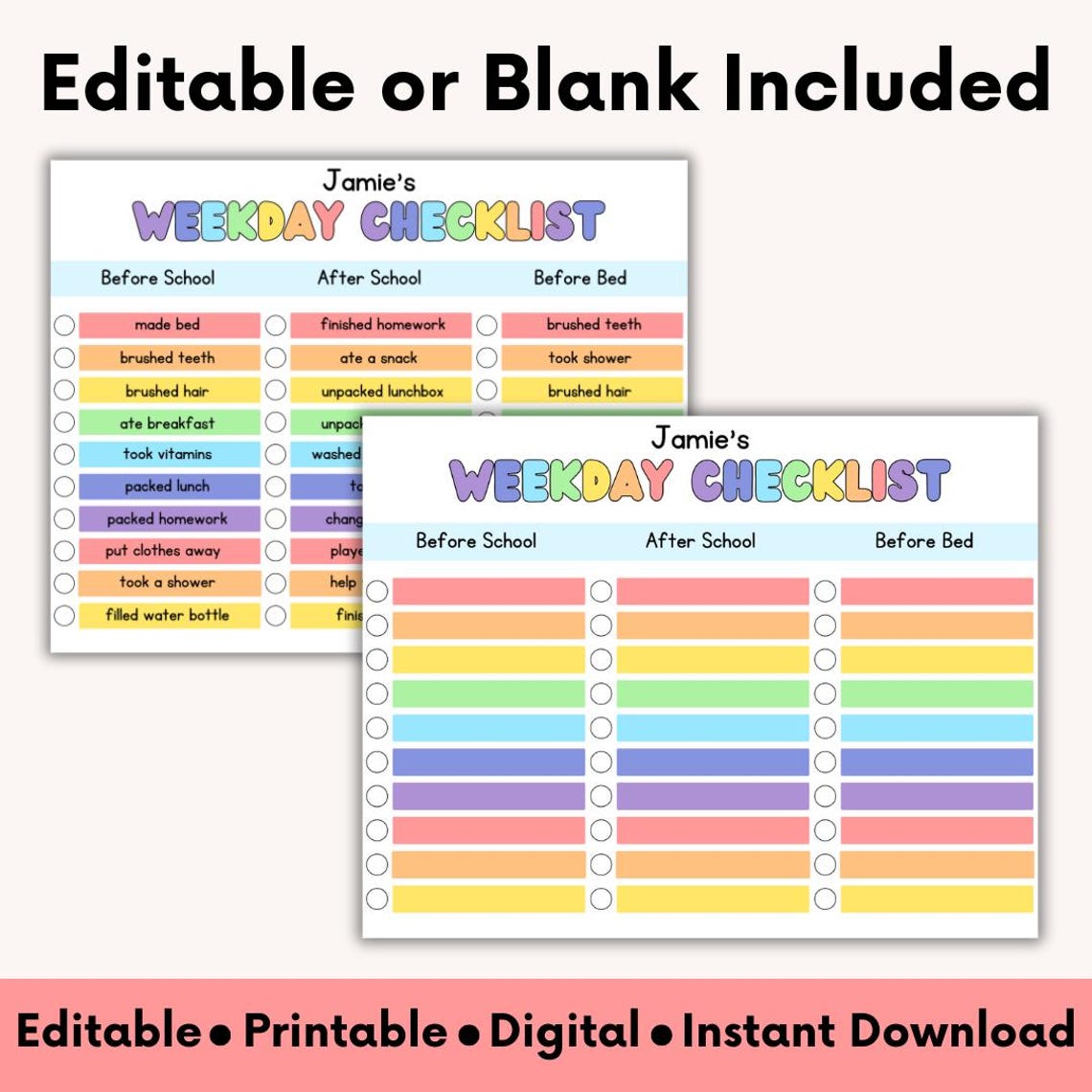 Daily Checklist for Kids | Printable Chore Chart | Track Before School ...