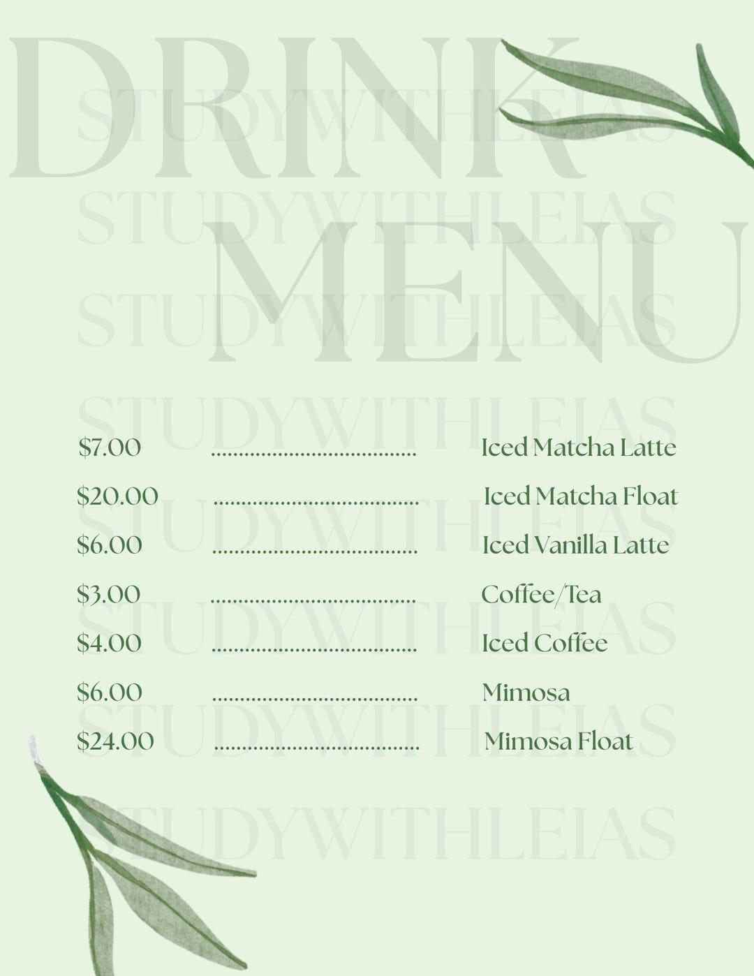Green Drink Menu Sign - Etsy