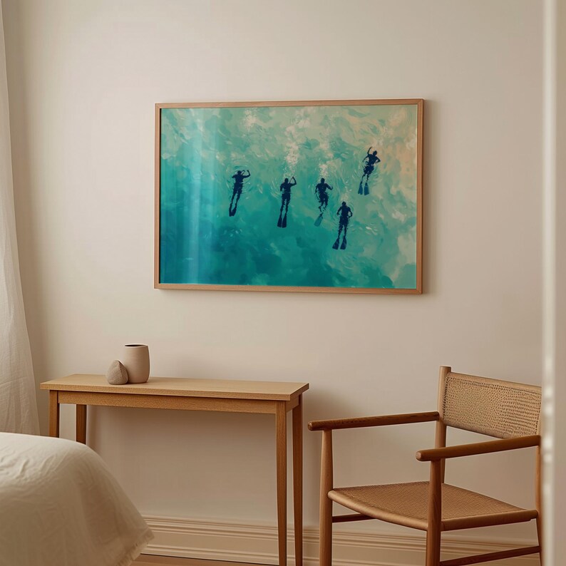 Minimalist Scuba Diving Art, Diver Swimming Ocean Poster, Deep Blue Sea ...