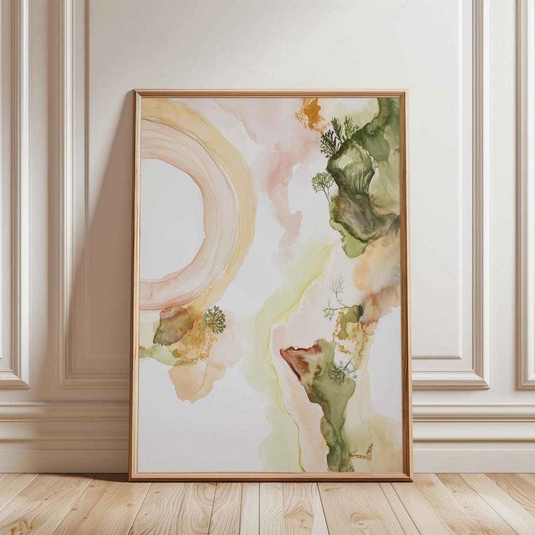 Japandi Botanical Abstract Print, Pink and Green Watercolor Marble Art ...